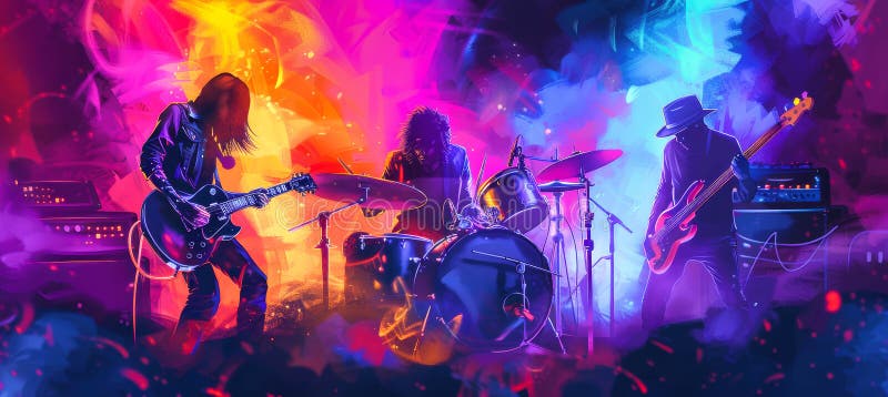 A Rock Band Performs on Stage, Illuminated by Vibrant Pink, Orange, and ...