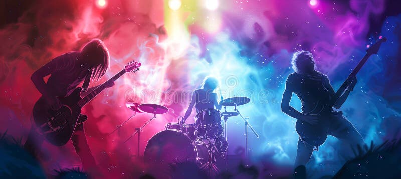 A Rock Band Performs on Stage, Their Silhouettes Illuminated by Neon ...