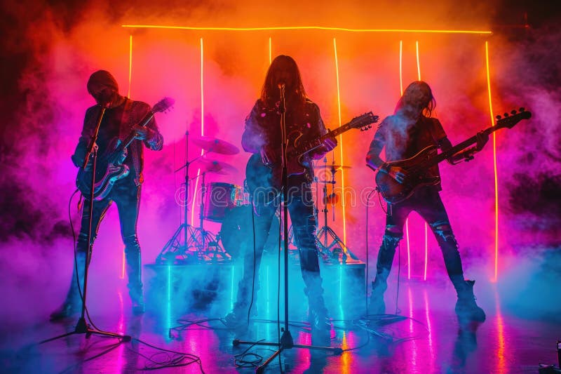 Rock Band Playing on Stage in Neon Light and Smoke Stock Photo - Image ...
