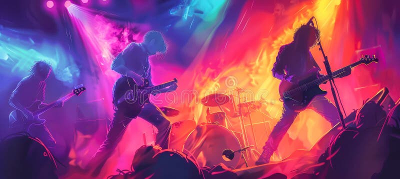 A Rock Band Plays on Stage, Illuminated by Vibrant Neon Lights Stock ...