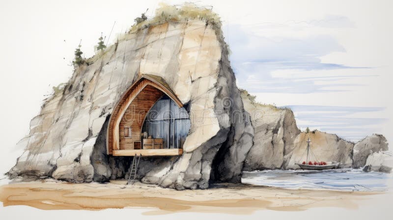 Rock-based House Drawing with Shingle Architecture and Cave Stock ...