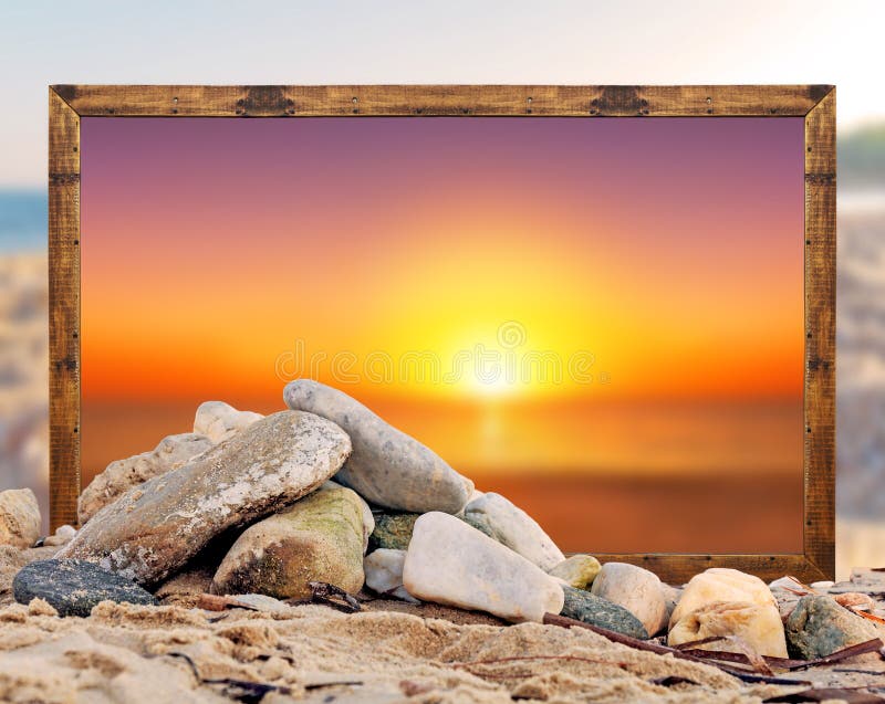 Rock on the Beach with Beautiful Beach Picture Frame and Blurred Stock ...