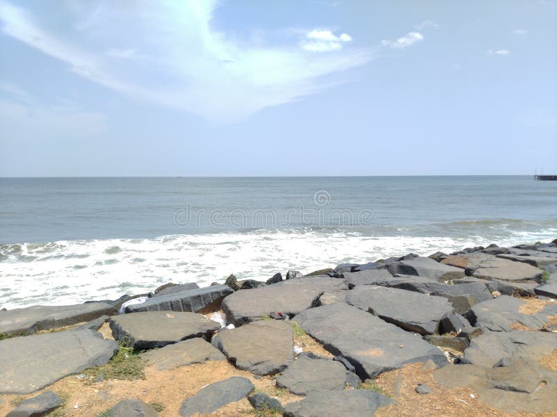 Rock Beach Calm and Peaceful Stock Image - Image of pondichery ...
