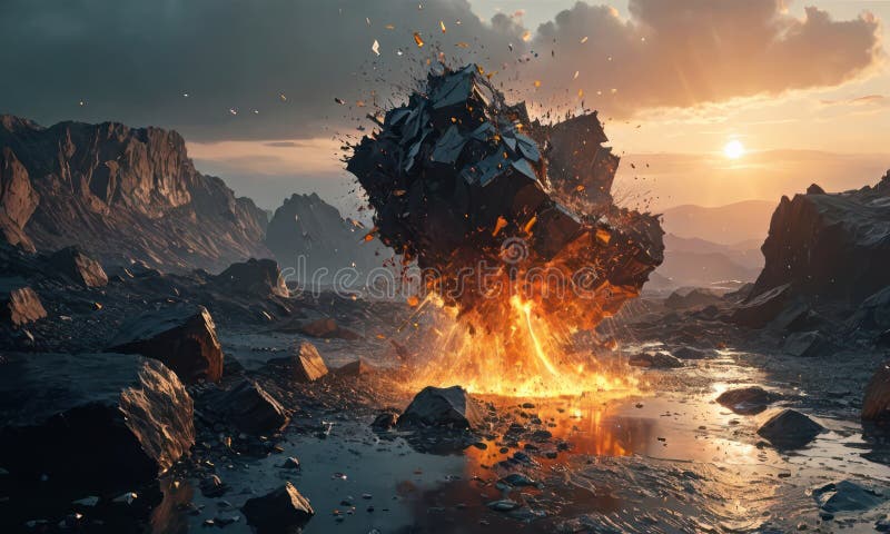 A Rock is Being Smashed by a Meteorite in a Desert Setting. Stock ...