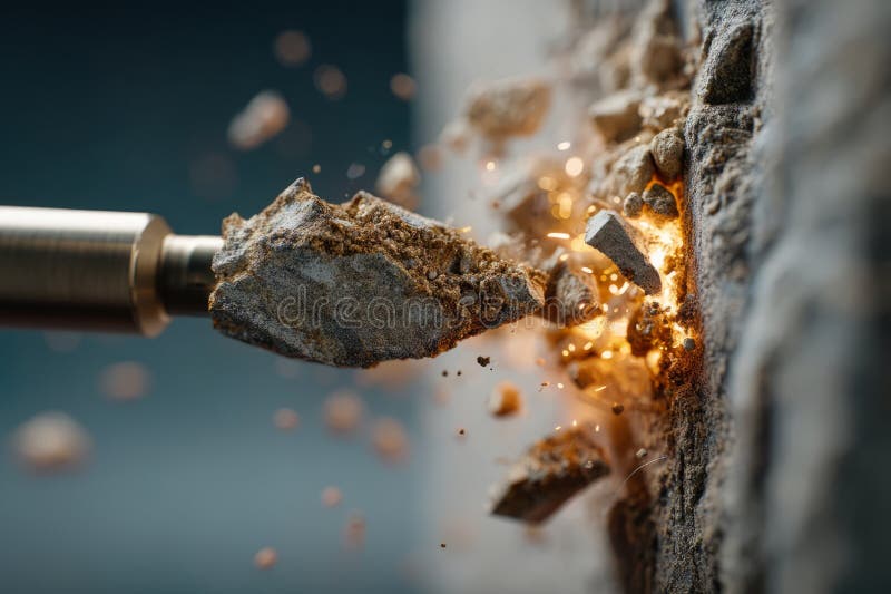 Rock Breaking with Power Drill Creating Sparks and Dust on Close-Up of ...