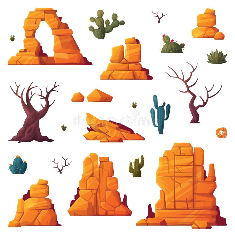 Rock, Cacti and Bare Trees As Desert Landscape Element Vector Set Stock ...
