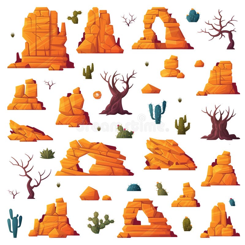 Rock, Cacti and Bare Trees As Desert Landscape Element Vector Set Stock Vector - Illustration of ...