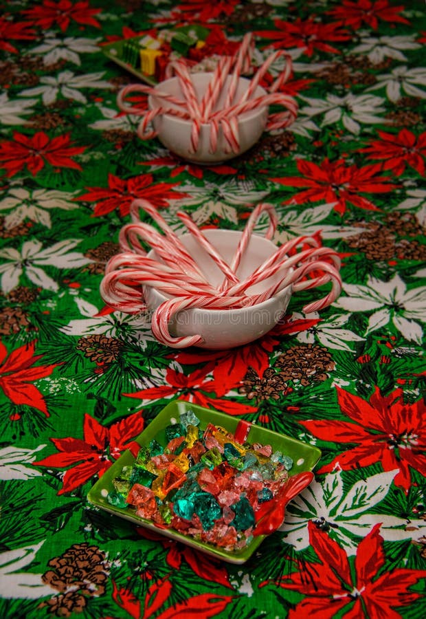 Rock Candy and Candy Canes in Bowls on Festive Tablecloth Stock Image ...