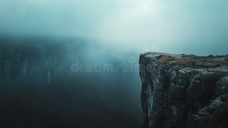 Rock Cliff Edge Against a Fog and Clound Dark Sky with Mountain Stock ...