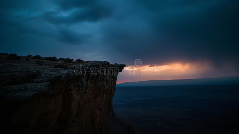 Rock Cliff Edge Under a Storm Sky with the Sun Set Dark Tone Stock ...