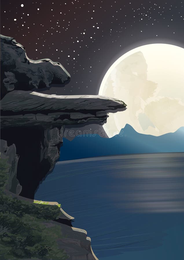 Rock Cliff and Full Moon. Vector Illustration Decorative Background ...