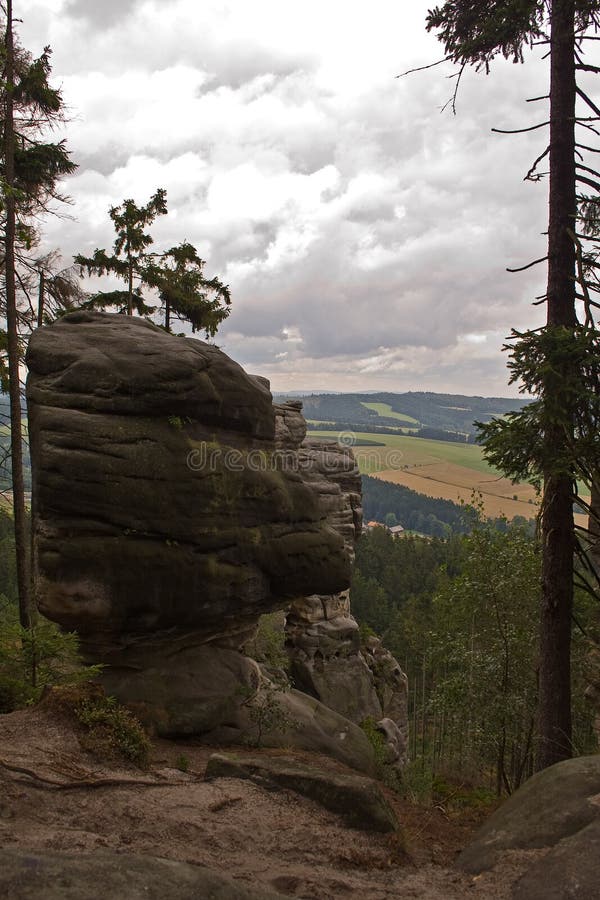Rock Cliff Overlooking Forest and Meadows Stock Image - Image of color ...