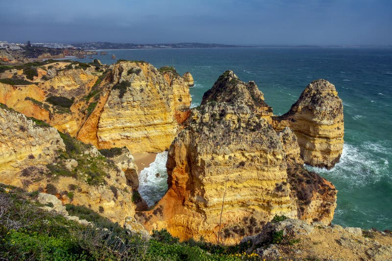 Rock Cliffs and Waves in Portugal Stock Image - Image of breaking ...
