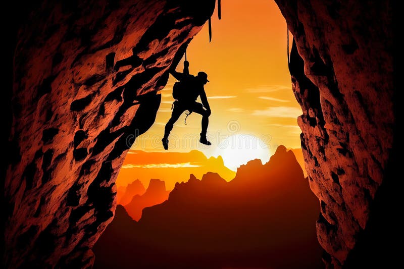 Rock Climber Climbing Uphill at Sunset. Generative AI Stock Image ...