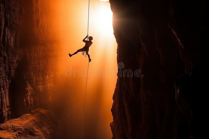 Rock Climber Hangs on a Rope in a Deep Abyss, the Sunlight Filtering ...