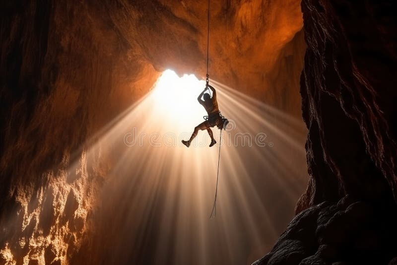 Rock Climber Hangs on a Rope in a Deep Abyss, the Sunlight Filtering ...