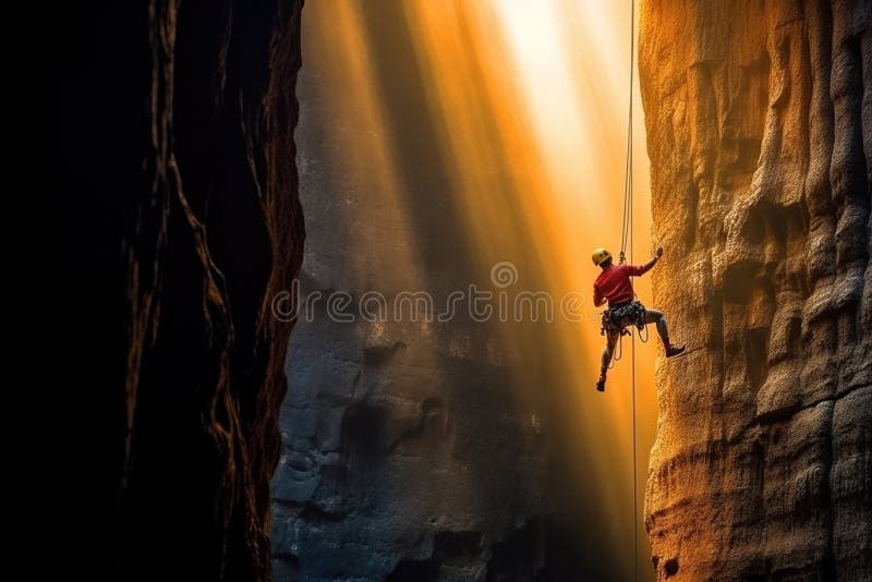 Rock Climber Hangs on a Rope in a Deep Abyss, the Sunlight Filtering ...