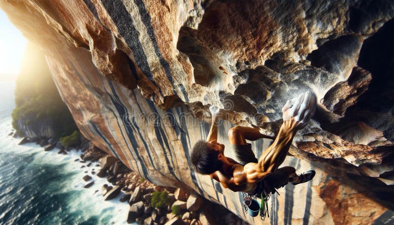 A Rock Climber Performs a Dynamic Movement To Grasp a Difficult Rock ...