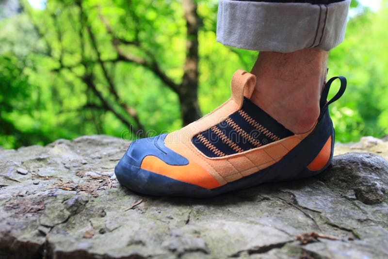 Rock Climber S Foot in Climbing Shoe Stock Image - Image of green ...