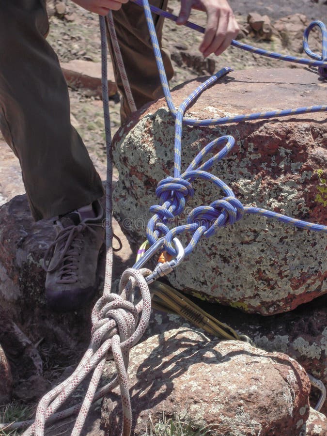 Rock Climber Setting Up Top Rope Anchor Stock Photo - Image of safe ...