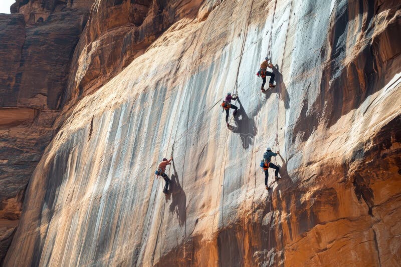 Rock Climbers Ascending a Steep Cliff Face Stock Illustration ...