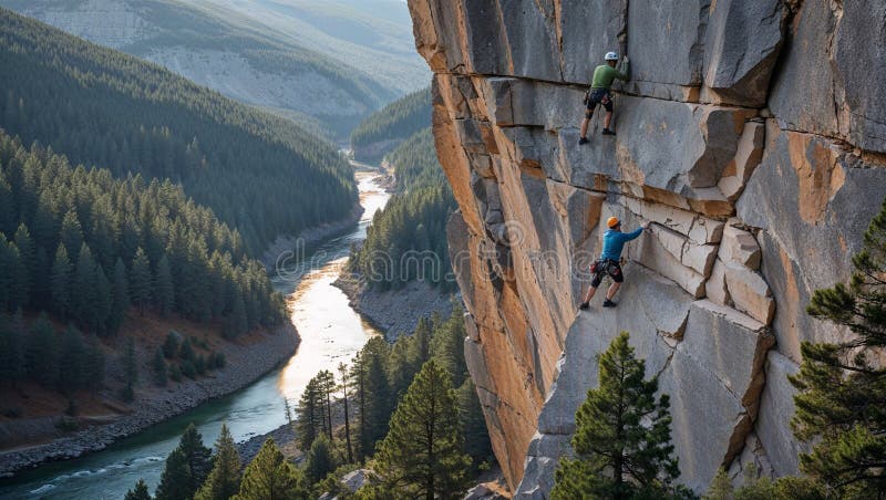 Rock Climbers Scale Jagged Face Above Pine Forest with River Glinting ...