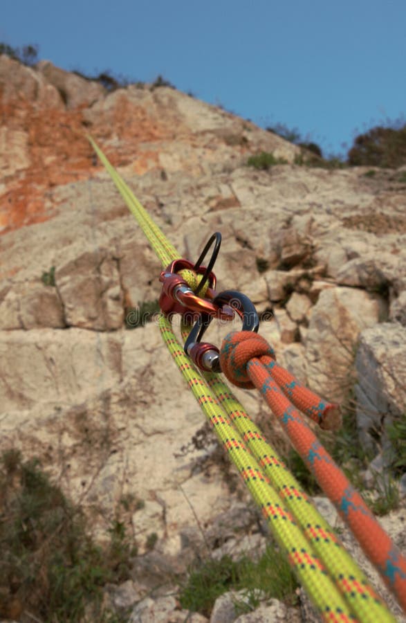 Rock Climbing Abseiling Device Detail Stock Image - Image of steep ...