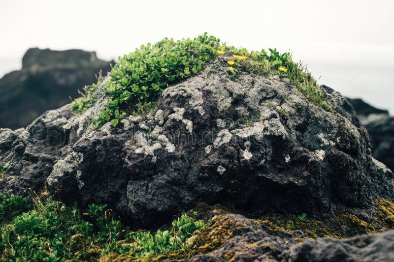 A Rock Covered in Moss Sitting on Top of a Lush Green Hillside Stock ...