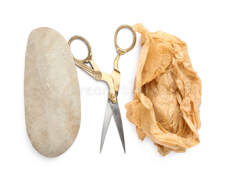 Rock, Crumpled Paper and Scissors on White Background, Top View Stock ...