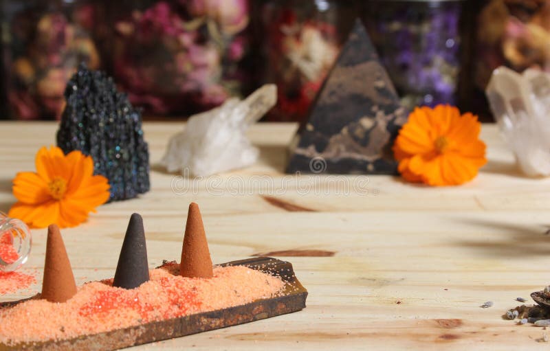 Rock Crystal with Incense and Stone Pyramid on Meditation Altar Stock ...