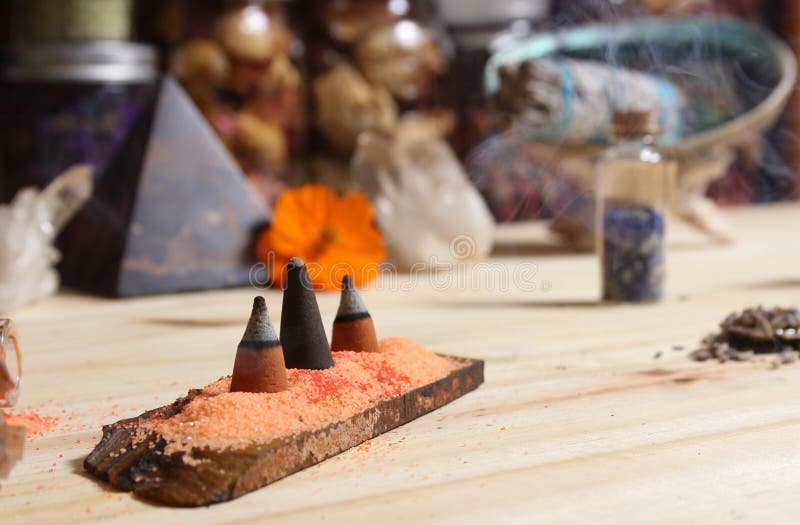 Rock Crystal with Incense and Stone Pyramid on Meditation Altar Stock ...