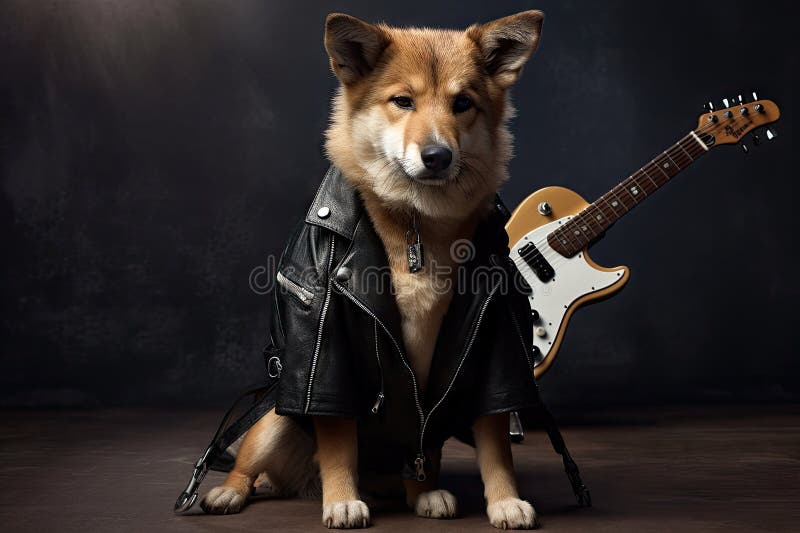 Rock Dog with Guitar and Leather Jacket, Ready To Perform on Stage ...