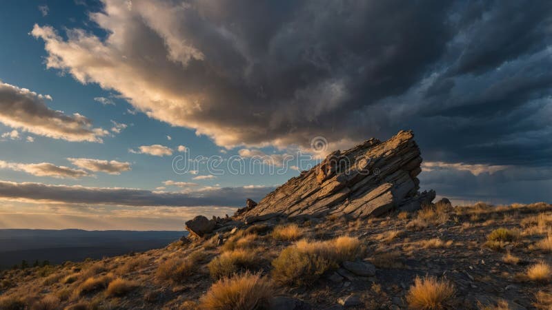 Dramatic Sunset Over Layered Rock Formation in Desert Landscape Stock ...