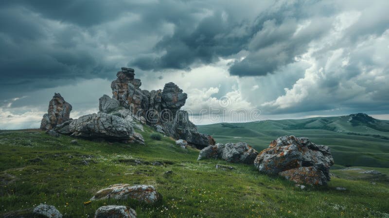 Rock Formations on a Grassy Hill Under a Cloudy Sky, Dramatic Landscape ...