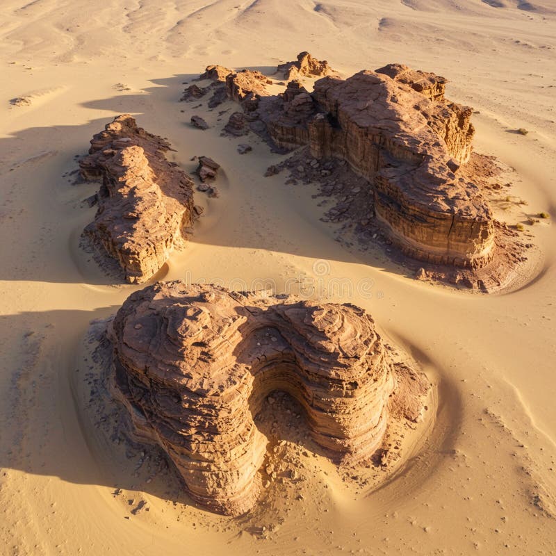 Rock Formations Rise from the Sandy Desert Landscape, Featuring Eroded ...