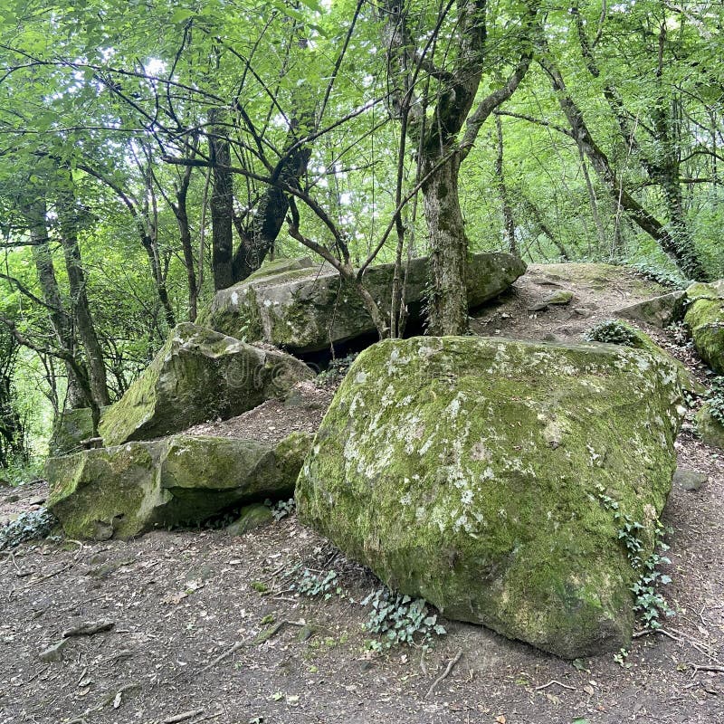 Rock Fragments Covered with Moss, Possibly Destroyed Dolmen Stock Photo ...