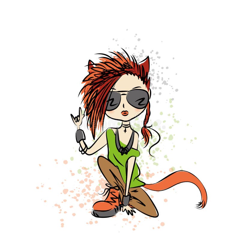 Rock girl cat stock vector. Illustration of crazy, musician - 98494891