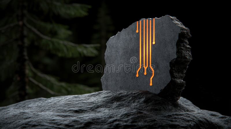 Rock with Glowing Circuits Isolated Against Dark Background Nature ...
