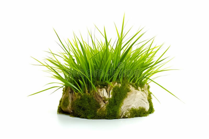 Rock With Grass Growing Out Of It On Top Of White Surface Generative Ai Stock Illustration