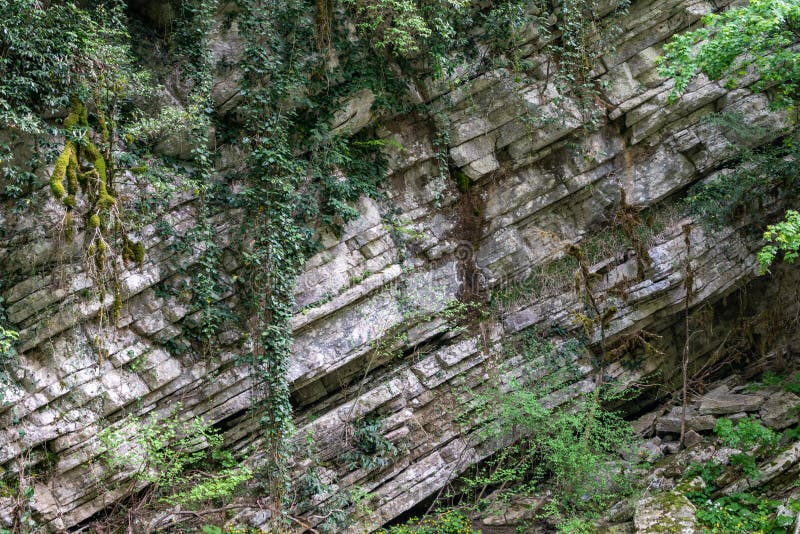 Rock of Layered Stone Overgrown with Grass and Moss Stock Image - Image ...