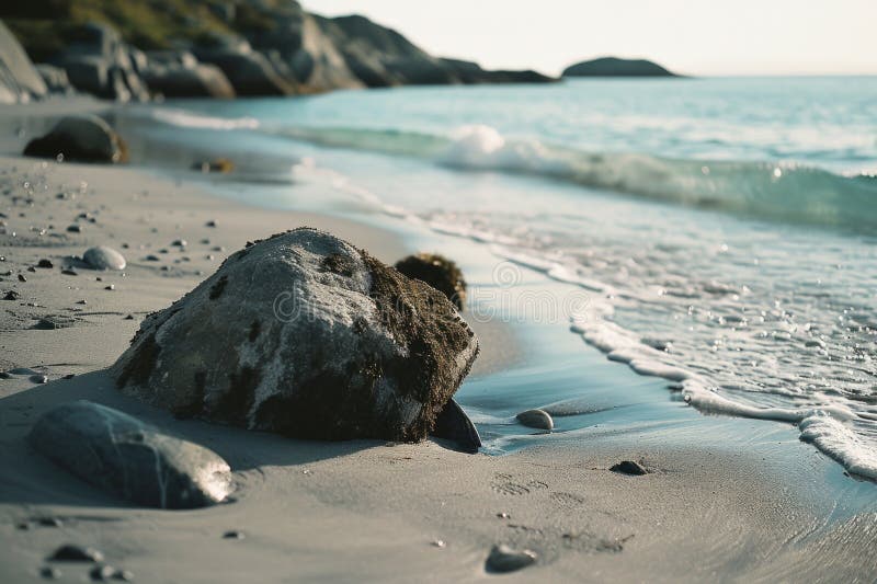Rock Laying on Beach Next To Ocean Stock Photo - Image of travel ...