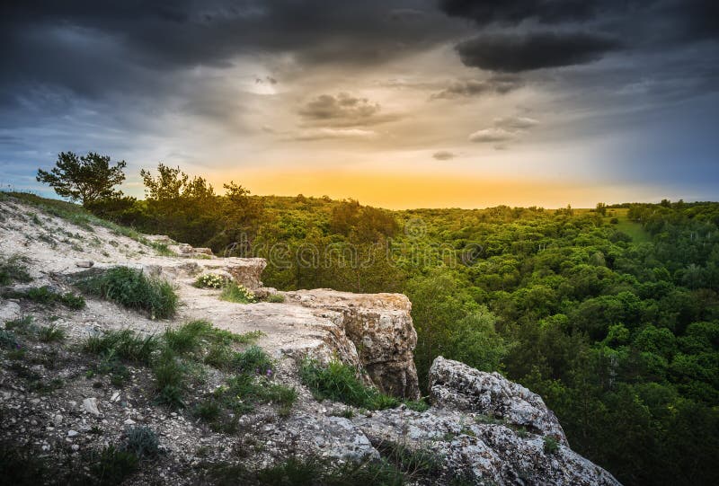 Rock Ledge in the Wooded Mountains at Dawn Stock Photo - Image of ...