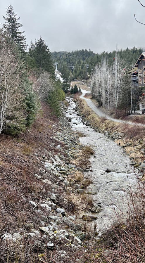 Rock-Lined Drainage Channel beside Road and Buildings Stock Photo ...