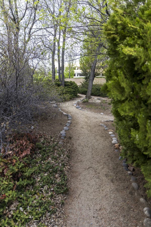 Rock Lined Path through Trees in a Park Stock Photo - Image of rocks ...