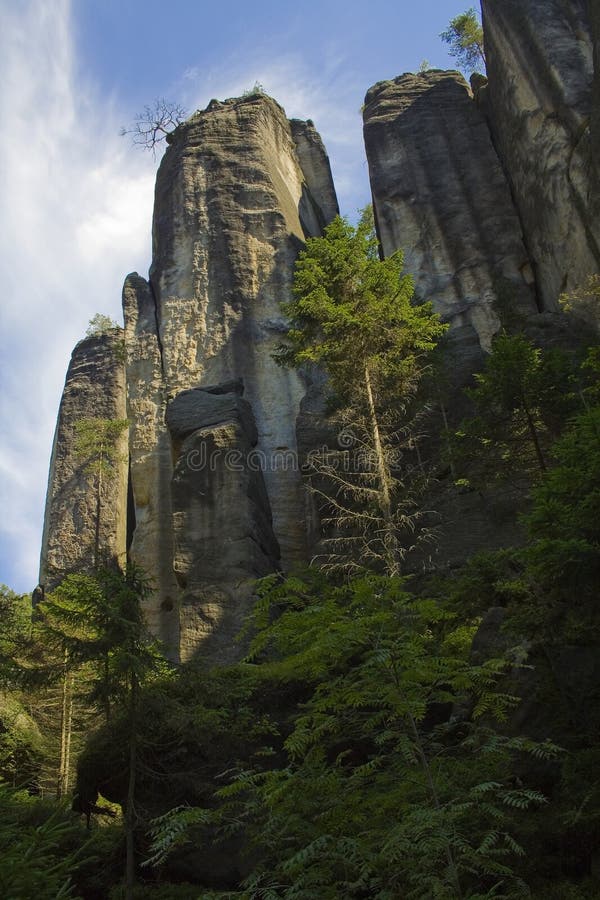 Rock Mountain Cliffs in Green Forest Stock Photo - Image of hiking ...