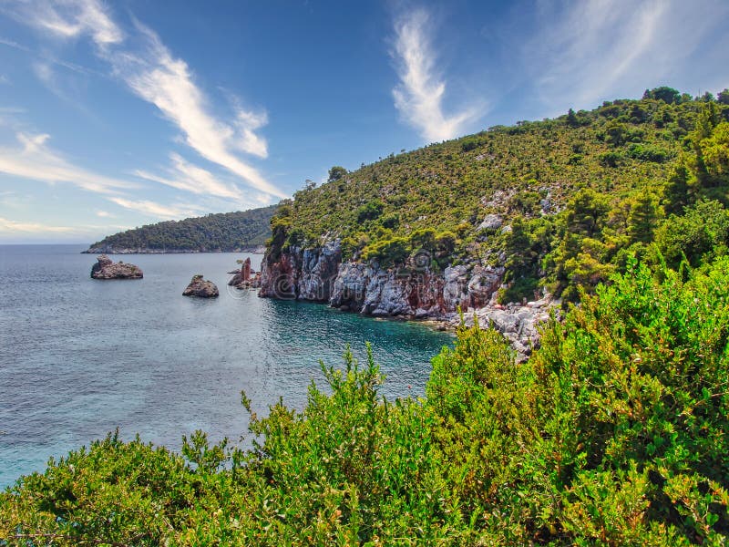 Stafylos in Skopelos of Greece Stock Image - Image of sunny, rock ...