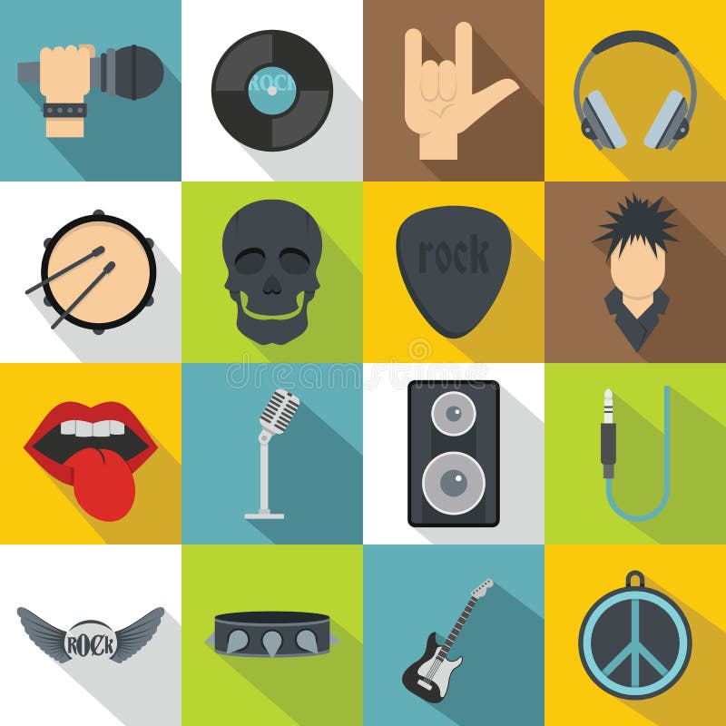 Rock Music Icons Set, Flat Style Stock Vector - Illustration of icon ...