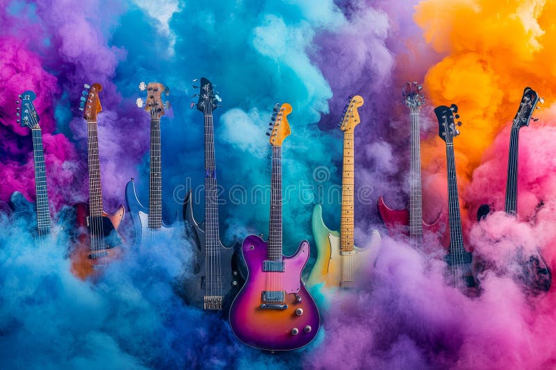Rock Music Instruments Exploding with Colorful Smokes Stock Image ...