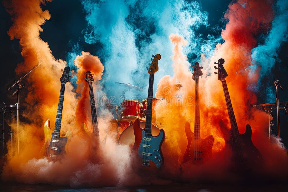 Rock Music Instruments Exploding with Colorful Smokes Stock Photo ...