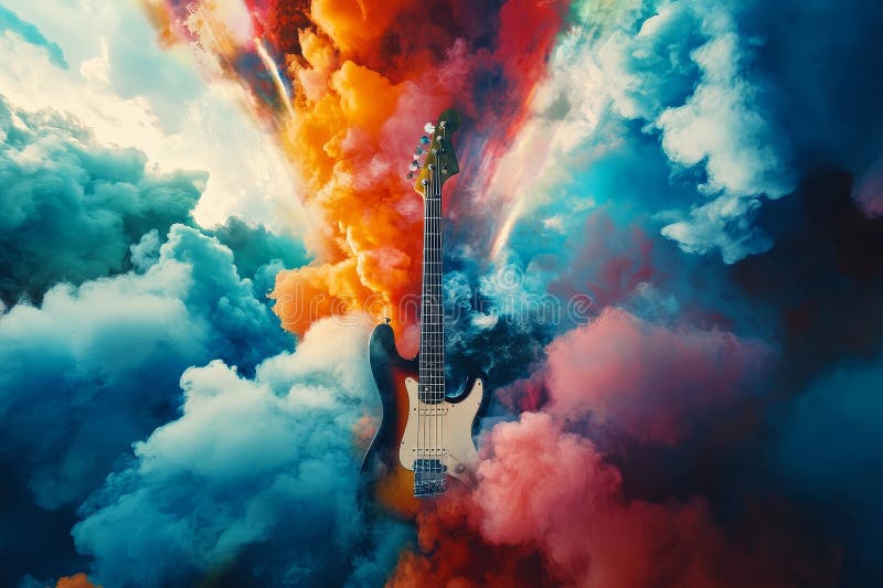 Rock Music Instruments Exploding with Colorful Smokes Stock Photo ...